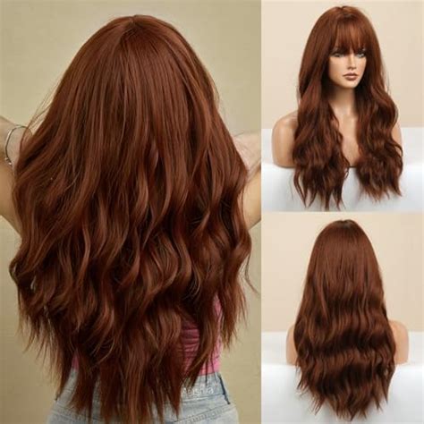Beron Red Brown Wigs Long Wavy Women Wigs With Bangs