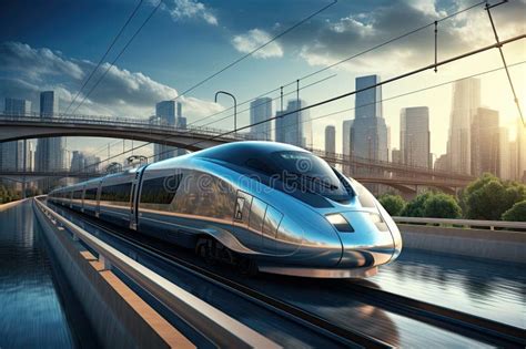 High Speed Train Moves Through The City 3d Rendering Stock