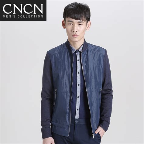 Cncn2015春新款灰蓝色棒球领修身夹克男 罗纹下摆针织袖拼接茄克强波服饰专营店