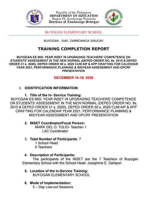 Training Completion Report Sample Buyogan Elementary School Buyogan Siay Zamboanga Sibugay