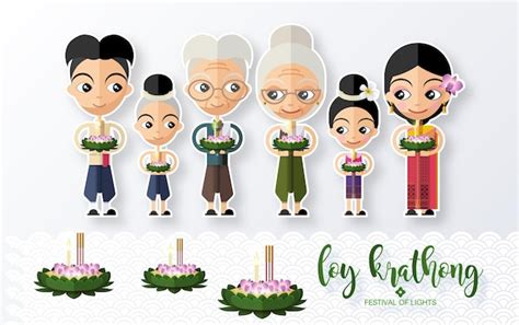 평면 스타일의 Loy Krathong 축제 태국어 텍스트 번역 평면 스타일의 Loy Krathong 축제xa 프리미엄 벡터