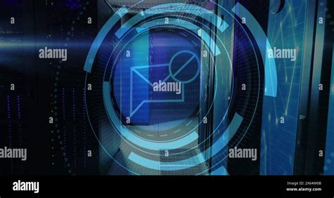Image Of Message Block Icon On Round Scanner And Light Trails Against Computer Server Room Stock