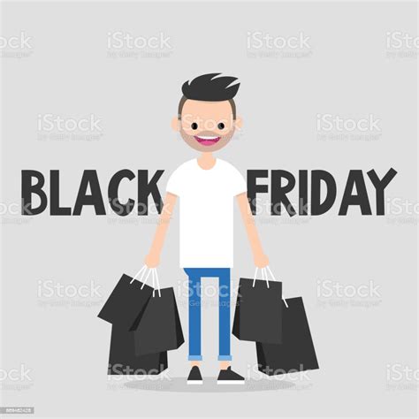 검은 금요일 판매 젊은 문자 검은 쇼핑백을 잔뜩 들고 특별 한 제공 합니다 큰 판매 이벤트입니다 평면 편집 가능한 벡터 일러스트 레이 션 클립 아트 Z세대에 대한 스톡 벡터