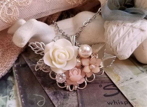 Flower Assemblage Necklace Bridal And Bridesmaid Necklace Pink And