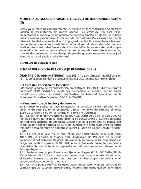 Modelo De Recurso De Reconsideración Pdf Gobierno