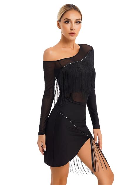 Women Long Sleeve Tassel Latin Dance Dress