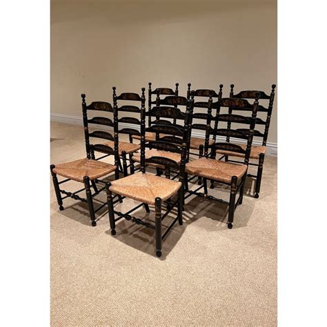 Black And Gold Ladder Back Hitchcock Dining Chairs Set Of 8 Chairish