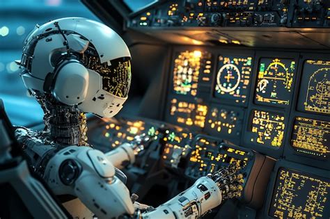 Robot Pilot In An Aircraft Cockpit Premium Ai Generated Image