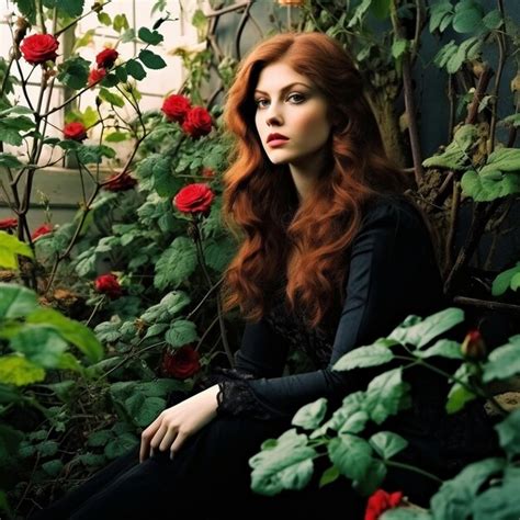 Premium Ai Image A Woman Sitting In Front Of A Bush Of Flowers