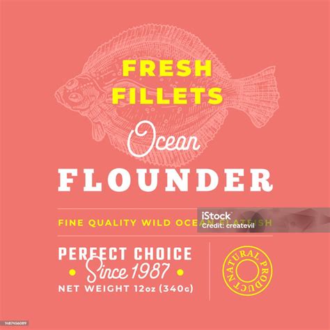 신선한 필레 프리미엄 품질 라벨 추상 벡터 물고기 포장 디자인 레이아웃입니다 테두리가 있는 복고풍 타이포그래피와 손으로 그린 넙치 넙치 실루엣 배경 0명에 대한 스톡 벡터