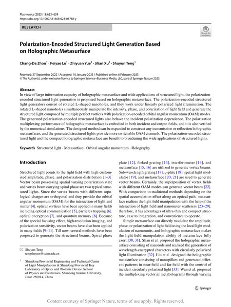 Polarization Encoded Structured Light Generation Based On Holographic Metasurface Request Pdf