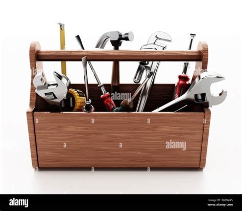 Wooden Toolbox With Various Hand Tools Isolated On White Background 3D
