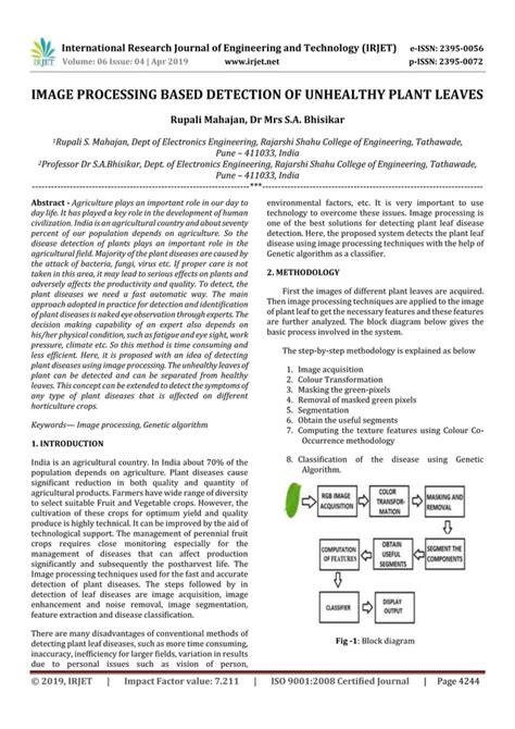 Irjet Image Processing Based Detection Of Unhealthy Plant Leaves Pdf