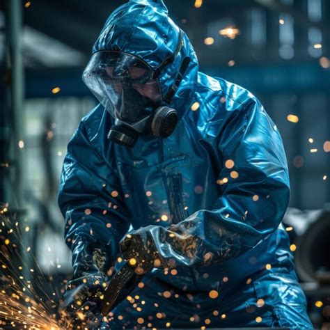 Industrial Worker Wearing Protective Gear And Using A Grinder In A Factory Premium Ai