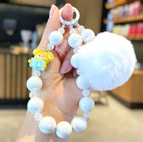 New Sanrio Fluffly Pom Beaded Chain Handphone Purse Strap Kuromi