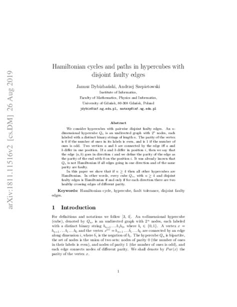 Pdf Hamiltonian Cycles And Paths In Hypercubes With Disjoint Faulty Edges