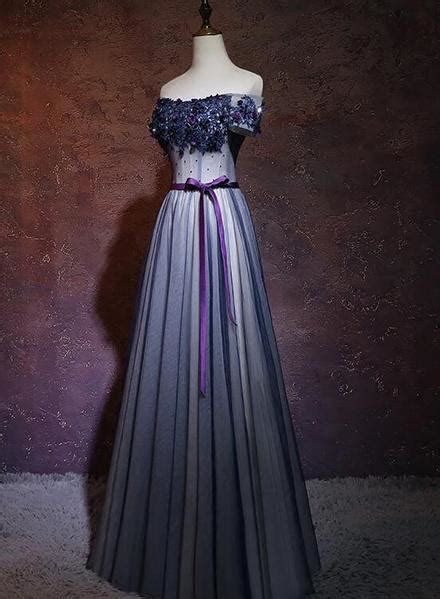 Lovely Navy Blue Tulle Off Shoulder Long Party Dress A Line Floor