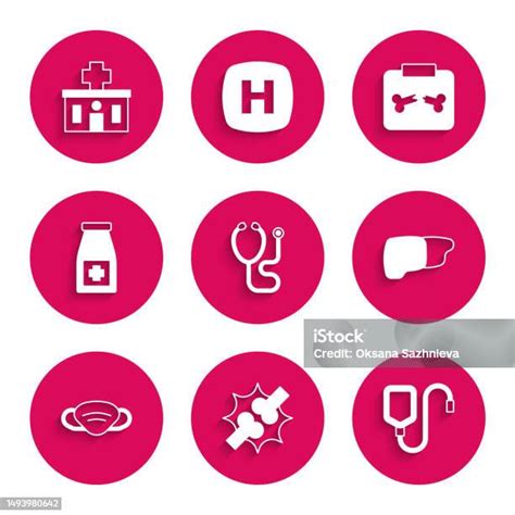 청진기 관절통 무릎 통증 Iv 백 인간 장기 간 의료 보호 마스크 약병 및 알약 부러진 뼈와 병원 건물 아이콘이 있는 X선 샷을