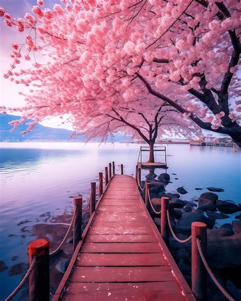 Premium Photo Lake Side Pink Cherry Blossom Trees