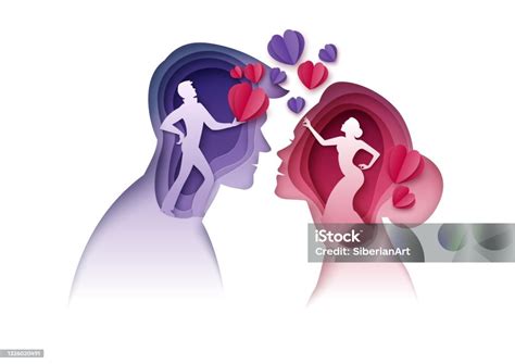 서로를 바라보는 남자와 여자는 마음을 주고 벡터 종이 컷 일러스트 사랑에 빠진 커플 로맨틱 한 관계 3차원 형태에 대한 스톡