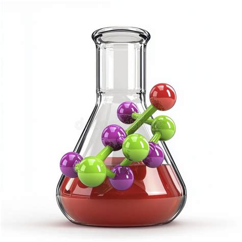 Colorful Molecular Model In A Red Liquid Filled Erlenmeyer Flask Stock