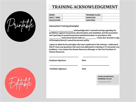 Training Acknowledgement Form Training Templates Editable Etsy
