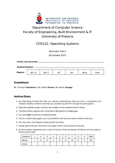 COS122 Sem Test Department Of Computer Science Faculty Of Engineering