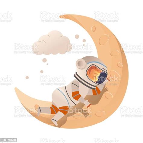 달에 자고 있는 우주복을 입은 귀여운 소년 우주 비행사 디자인 요소는 어린이 인쇄 책 스티커 포스터 벡터 일러스트레이션에 사용할 수 있습니다 과학에 대한 스톡 벡터 아트 및