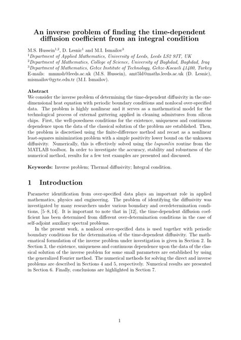 Pdf An Inverse Problem Of Finding The Time Dependent Diffusion