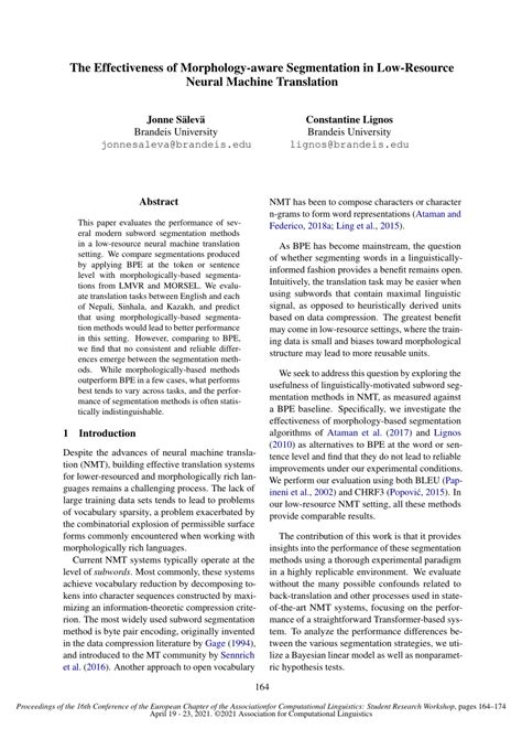 PDF The Effectiveness Of Morphology Aware Segmentation In Low Resource Neural Machine Translation