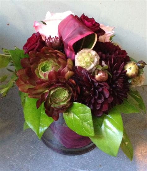 Bubble Bowl Arrangement With Succulents Dahlias And Roses Dahlias