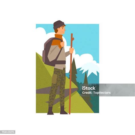 배낭과 직원 야외 활동 여행 캠핑 배낭 여행 또는 탐험 벡터 일러스트와 산에서 남자 하이킹 관광에 대한 스톡 벡터 아트 및 기타 이미지 Istock