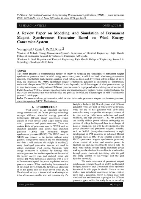 Pdf A Review Paper On Modeling And Simulation Of Permanent Magnet Synchronous Generator Based