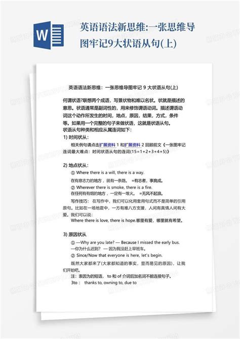 英语语法新思维 一张思维导图牢记9大状语从句 上 Word模板下载 编号lykobone 熊猫办公