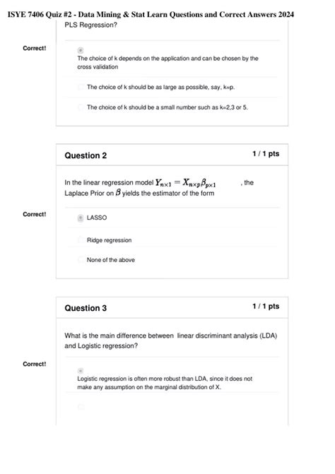 Isye 7406 Quiz 2 Data Mining And Stat Learn Questions And Correct