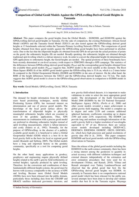 Pdf Comparison Of Global Geoid Models Against The Gps Levelling Derived Geoid Heights In Tanzania
