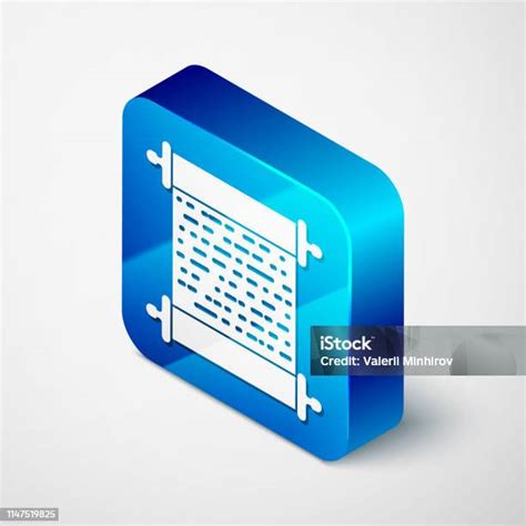 아이소메트릭 종이 스크롤 아이콘 흰색 배경에 고립입니다 캔버스 스크롤 기호입니다 파란색 사각형 버튼을 클릭 합니다 벡터 일러스트