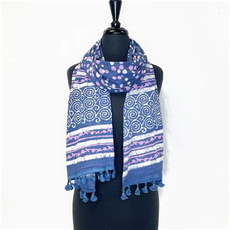 Block Printed Cotton Scarf Purple With Pink And White Dots Anju Jewelry