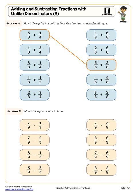 Adding And Subtracting Fractions With Unlike Denominators B Worksheet Pdf Printable Number