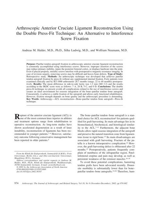 Pdf Arthroscopic Anterior Cruciate Ligament Reconstruction Using The