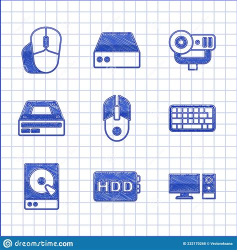 Set Computer Mouse Hard Disk Drive Hdd Monitor Keyboard Optical Disc Web Camera And Icon