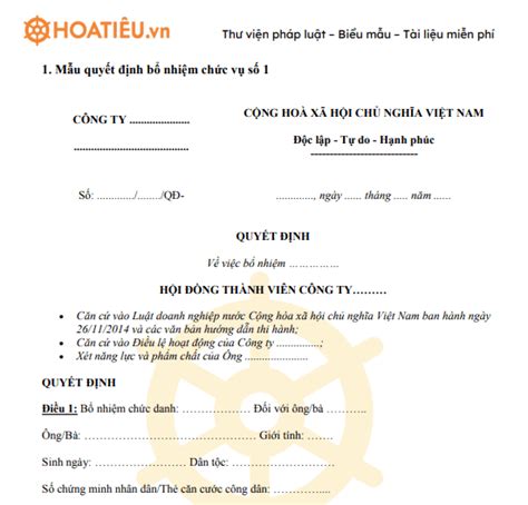 Mẫu quyết định bổ nhiệm chức vụ Mẫu quyết định điều chỉnh chức danh công việc