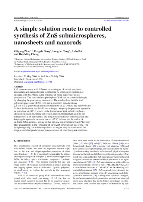 Pdf A Simple Solution Route To Controlled Synthesis Of Zns Submicrospheres Nanosheets And