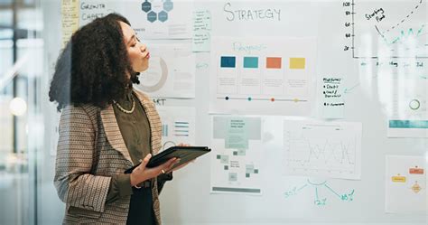 비즈니스 여성 및 전략 계획 및 보고서를 위한 태블릿을 사용한 화이트보드에서 트렌드 분석가로 생각 회사 성장을 위한 여성 직원 및 사무실 메모 통찰력 및 통계 25 29세에