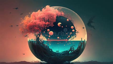 Fantasy Landscape With Tree In A Sphere 3d Illustration Stock