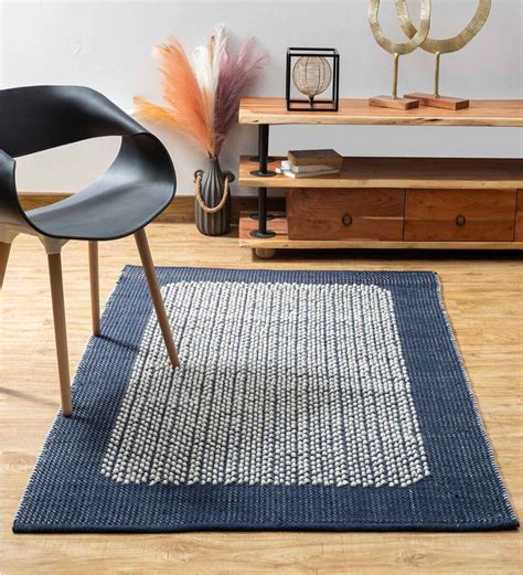 Buy Blue Wool And Cotton 4 Ft X 6 Ft Hand Tufted Dhurrie By The Indoor