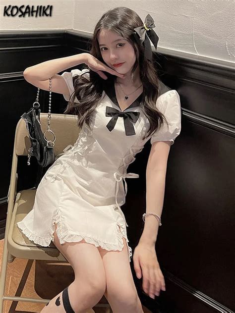 Kosahiki Kawaii 여성용 빈티지 드레스 우아한 섹시한 Y2k 로리타 일본 원피스 드레스 리본 붕대 프레피 스타일