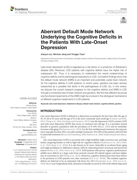 Pdf Aberrant Default Mode Network Underlying The Cognitive Deficits In The Patients With Late