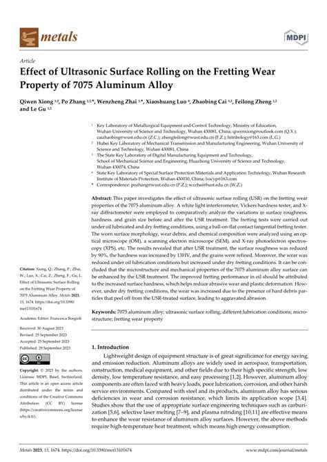 Pdf Effect Of Ultrasonic Surface Rolling On The Fretting Wear Property Of 7075 Aluminum Alloy
