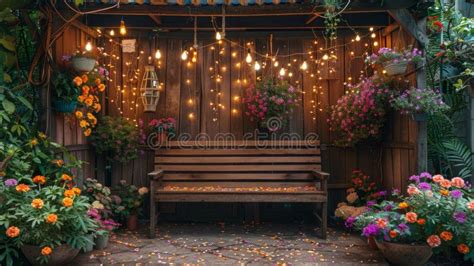 Outdoor Retreat Wooden Bench Nestled In Backyard Garden Amongst